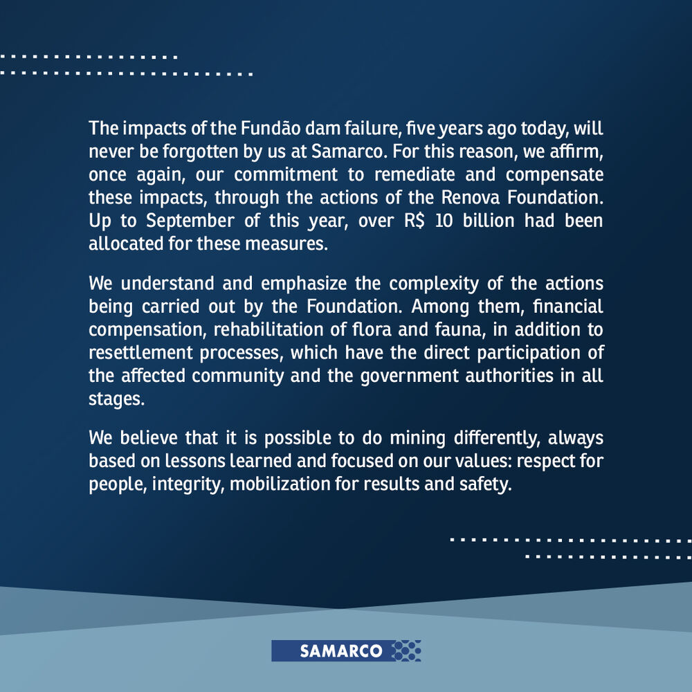 Samarco reaffirms commitment to remediation and compensation for the ...